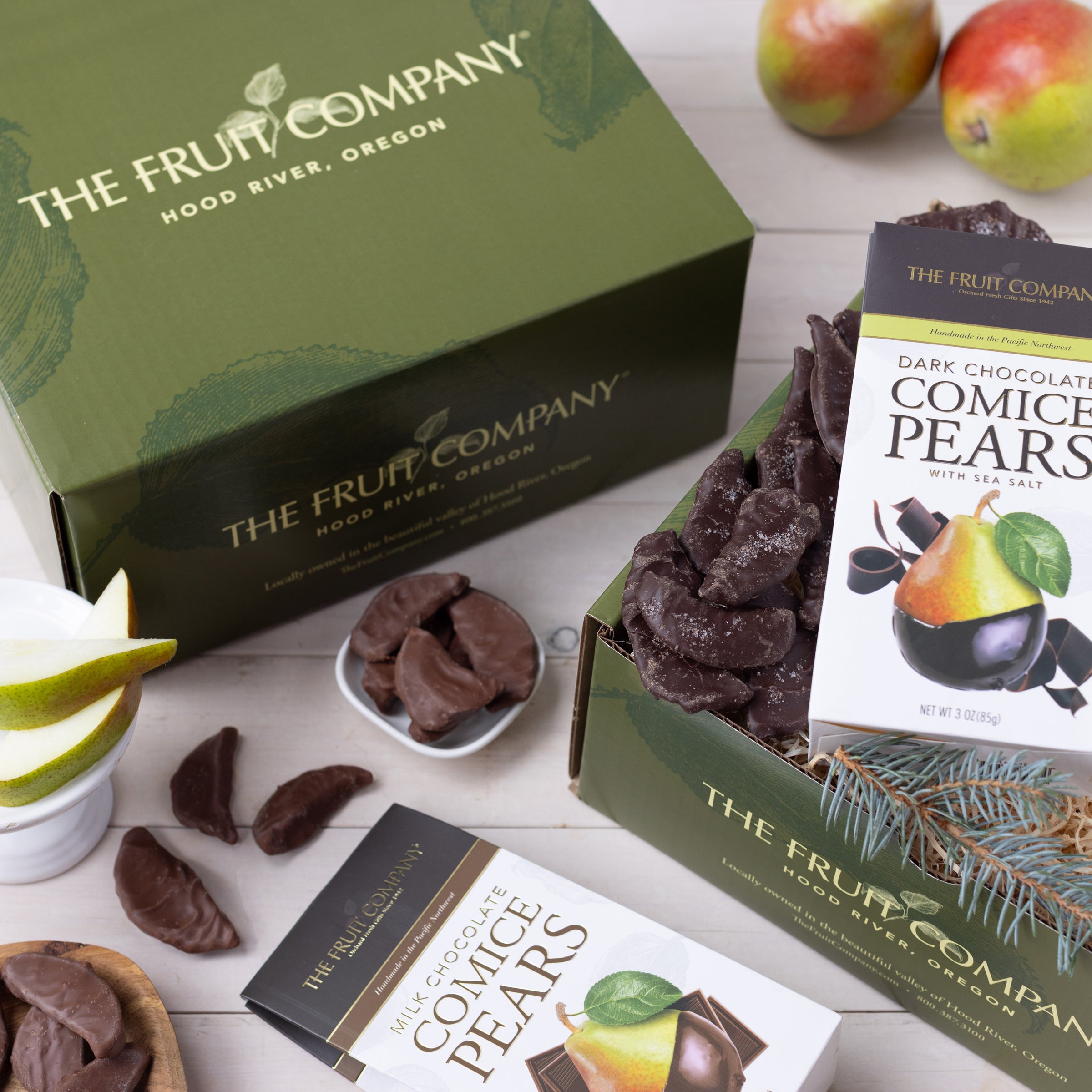 Chocolate Covered Comice Pear Duo | The Fruit Company®